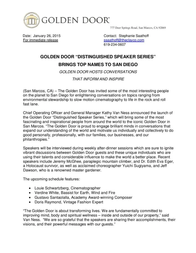 Golden Door “Distinguished Speaker Series” Brings Top Names to San Diego – Goldendoor